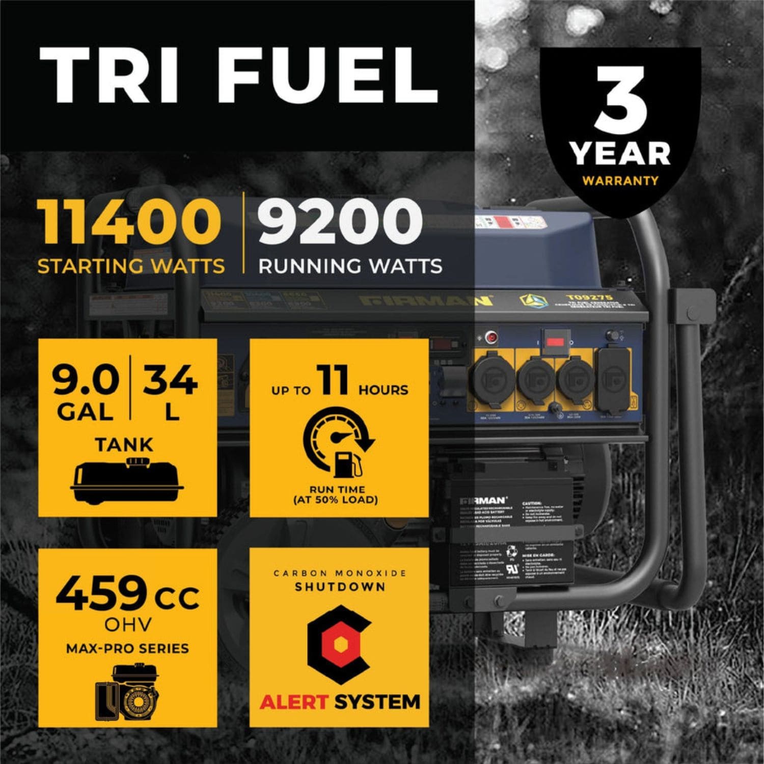 Firman T09275 Tri-Fuel 9200W/11400W Portable Generator | Electric Star ...